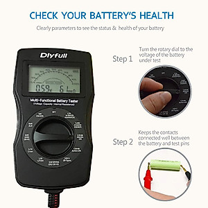 Dlyfull Universal Battery Tester with LCD Display, Small Digital Battery Voltage Resistance Checker for Ni-MH, Ni-CD, Li-ion, Alk & LiFe04 Batteries(AA AAA C D 9V 12V 18650 CR123A 2CR5 CR2032 Cells)