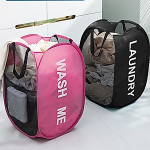 Larpur Pop Up Laundry Baskets, 2 Pack Mesh Laundry Hampers Collapsible Clothes Hampers for Home, Dorm, Travel (Black + Pink)