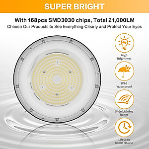 AKOFUN LED High Bay Light 150W 21,000lm 5000K Daylight UFO LED High Bay Shop Light with Hook 4' Cable, IP65 Waterproof Commercial Bay Lighting Fixture for Warehouse Workshop Barn Factory - 4 Pack