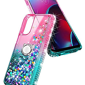 NZND Compatible with Motorola Moto G Stylus 5G (2022) Case with Tempered Glass Screen Protector (Maximum Coverage), Ring Holder/Wrist Strap, Glitter Liquid Floating Waterfall Cute Case (Pink/Aqua)