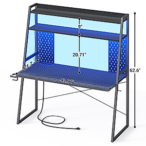 Besiost Small Gaming Desk with Hutch and LED Lights, Gaming Computer Desk with Power Outlets, Gamer Desk with Storage Shelves, PC Gaming Desk with Pegboards for Bedroom Small Spaces, Black, 43"