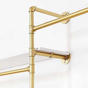 EDCB Modern Simple Industrial Pipe Clothing Rack Wall Mounted Hanging Rods Garment Bar with Shelves, Heavy Duty Garment Rack for Boutiques Retail Display (Glod, 92.1X76.8inch)