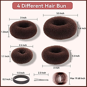 YaFex Hair Bun Maker Kit, 4 Pieces (1 Large, 2 Medium and 1 Small), A-Brown, 30 Pieces Accessories Including Hair Nets, Elastic Hair Ties, Hair Bobby Pins
