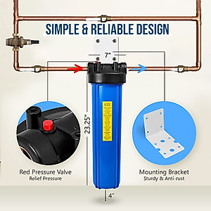 High Capacity 20 x 4.5” Blue Whole House Water Filter Purifier System with Presser Relief Button, 1” Inlet/Outlet Brass Port & Yearly Supply (3) Coconut Shell Activated Block Carbon Cartridges