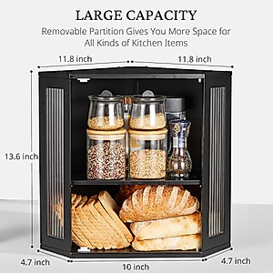 BRONYPRO Double Layer Corner Bread Box for Kitchen Counter with Height-adjustable Partition, Large Black Bamboo Wooden Bread Box for Multiple Loaves, Modern Breadbox for Kitchen Countertop