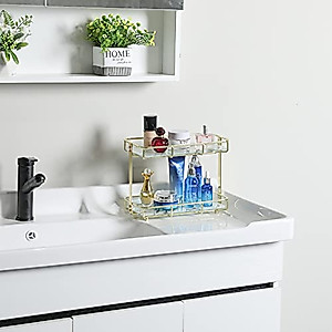 X-cosrack 2-Tier Bathroom Organizer Countertop, Bathroom Countertop Storage Shelf with Removable Marble Glass Tray, Vanity Tray Cosmetic Organizer Holder White