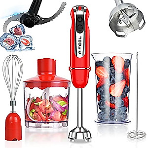 Immersion Hand Blender, Aifeel 5-in-1 Stick Blenderice blade,with Ice Crusher 500ml Food Grinder/Chopper, 600ml Container,Milk Frother,Egg Whisk,Puree Infant Food, Smoothies, Sauces and Soups(red)