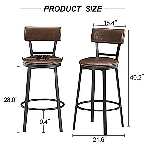 MNEETRUNG Bar Stools Set of 2，Counter Height Bar Stools with PU Leather，28 Inches Modern Barstools with Back and Footrest for Dining Room Kitchen Counter Bar,Brown
