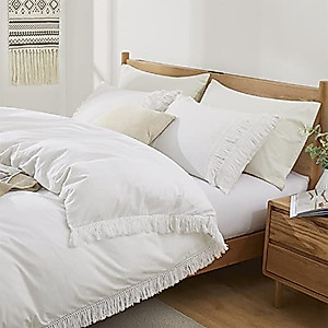 ZJZC Art White Duvet Cover Queen Size with Tassels,100% Cotton Boho Farmhouse Bedding Set 3 Pieces with Pillow Shams Super Soft and Breathable Bed Set for All Seasons (White, Queen)