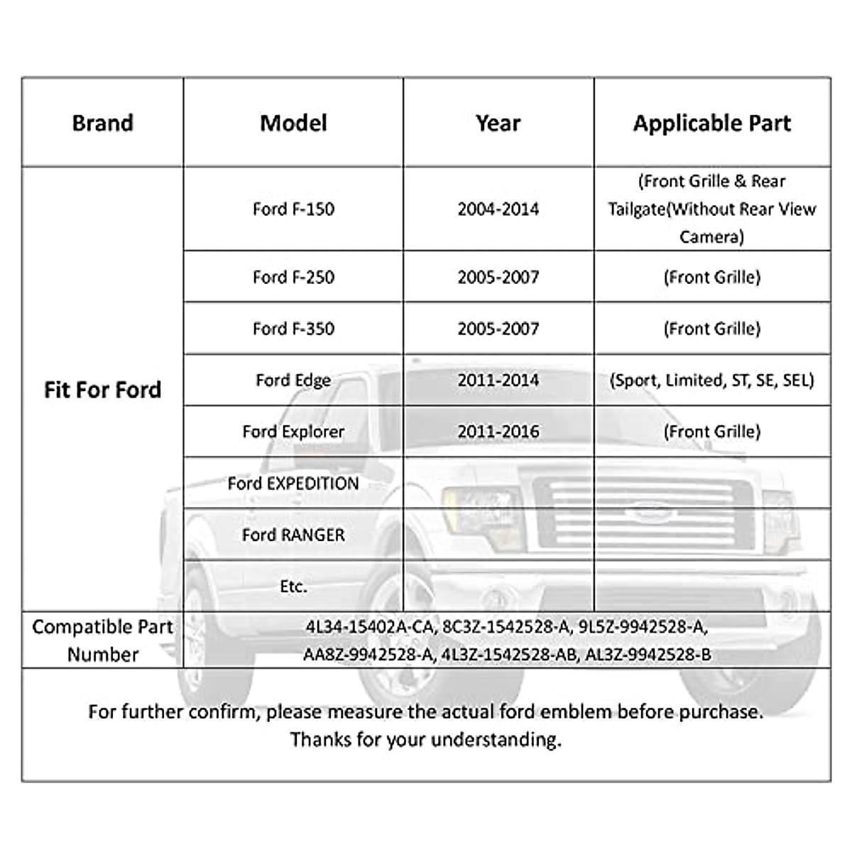 9 Inch Front Grille Tailgate Emblem for Ford, Oval 9"X3.5", Decal Badge Nameplate for Ford 04-14 F150 F250 F350, 11-14 Edge, 11-16 Explorer, 06-11 Ranger