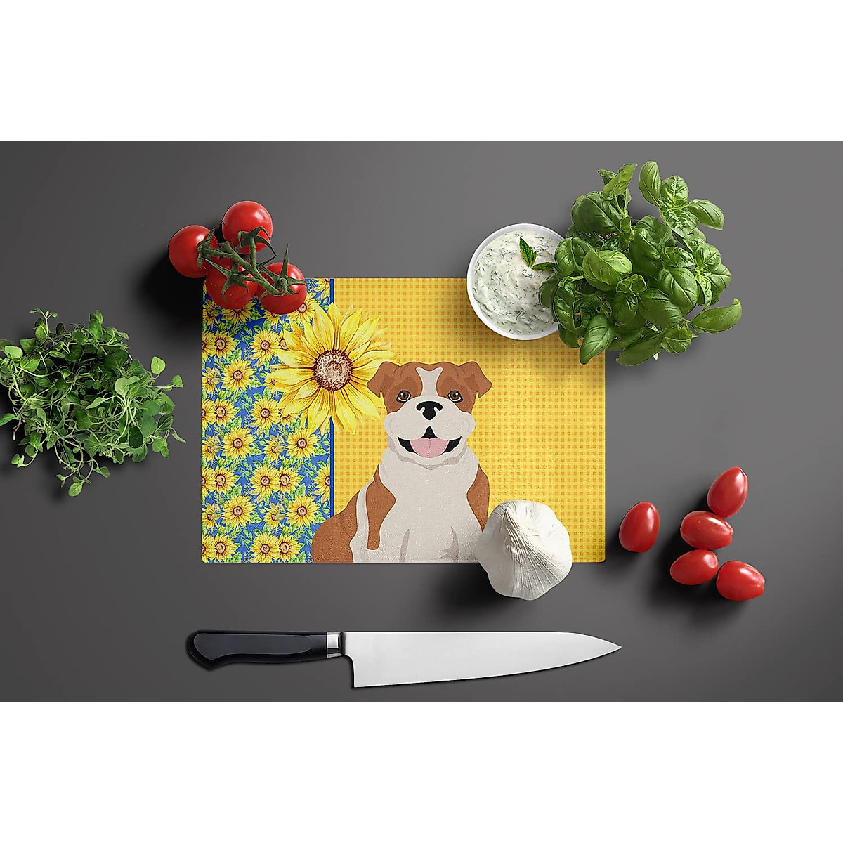 Caroline's Treasures WDK5415LCB Summer Sunflowers Red English Bulldog Glass Cutting Board Large Decorative Tempered Glass Kitchen Cutting and Serving Board Large Size Chopping Board