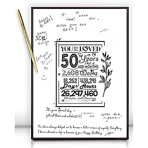 DOUBLESHOOT Black Frame Sign Poster 50th Birthday Decorations for Men & Women 12"x16"- 50 Birthday Party Favors, Guest Book Alternative – With Pen & Wall Hanger – 50 Years Old Gifts for Him & Her