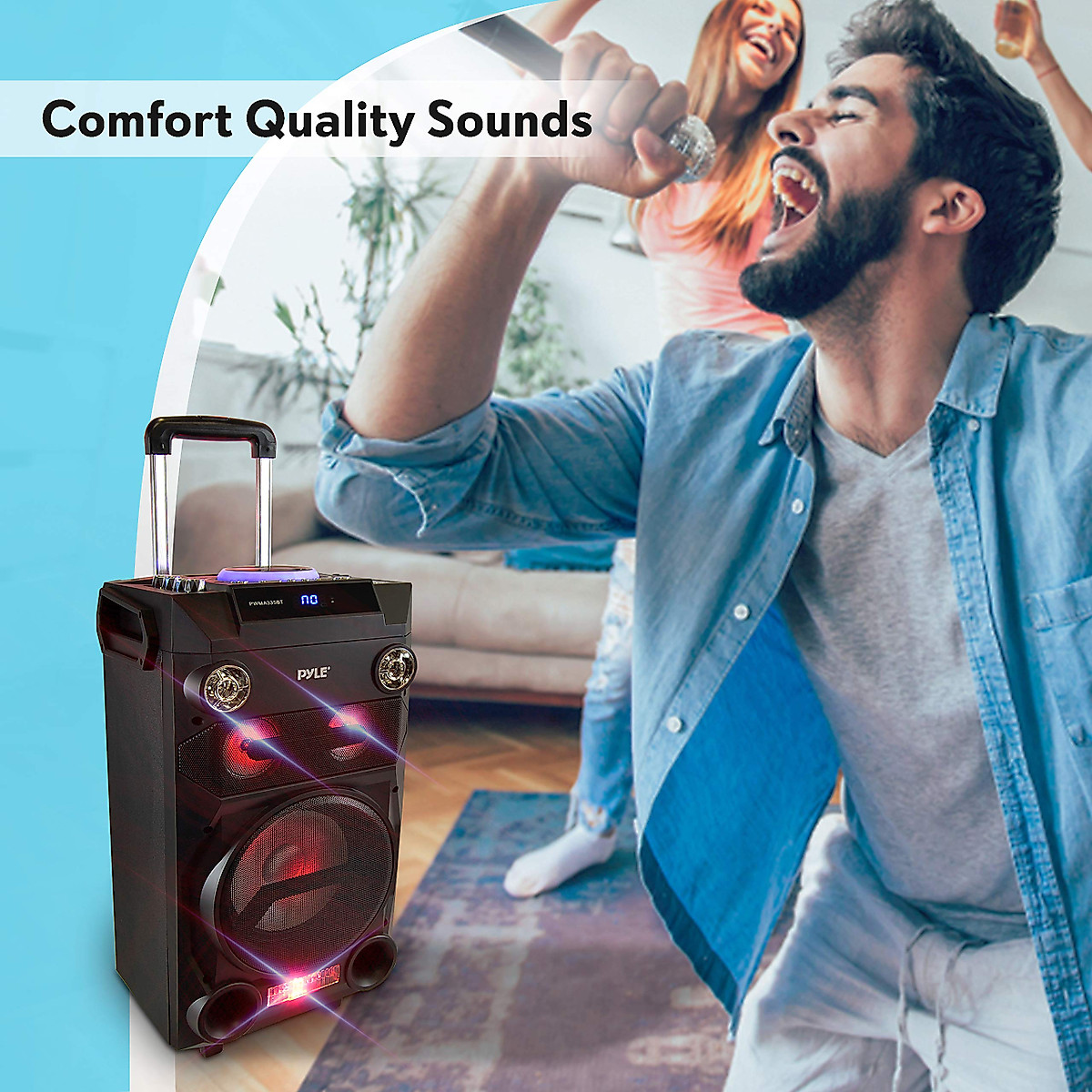 Pyle Portable Wireless Bluetooth Karaoke PA Loud speaker - 8'' Subwoofer Sound System with DJ Lights, Rechargeable Battery, FM Radio, USB / Micro SD Reader, Microphone, Remote - PWMA335BT