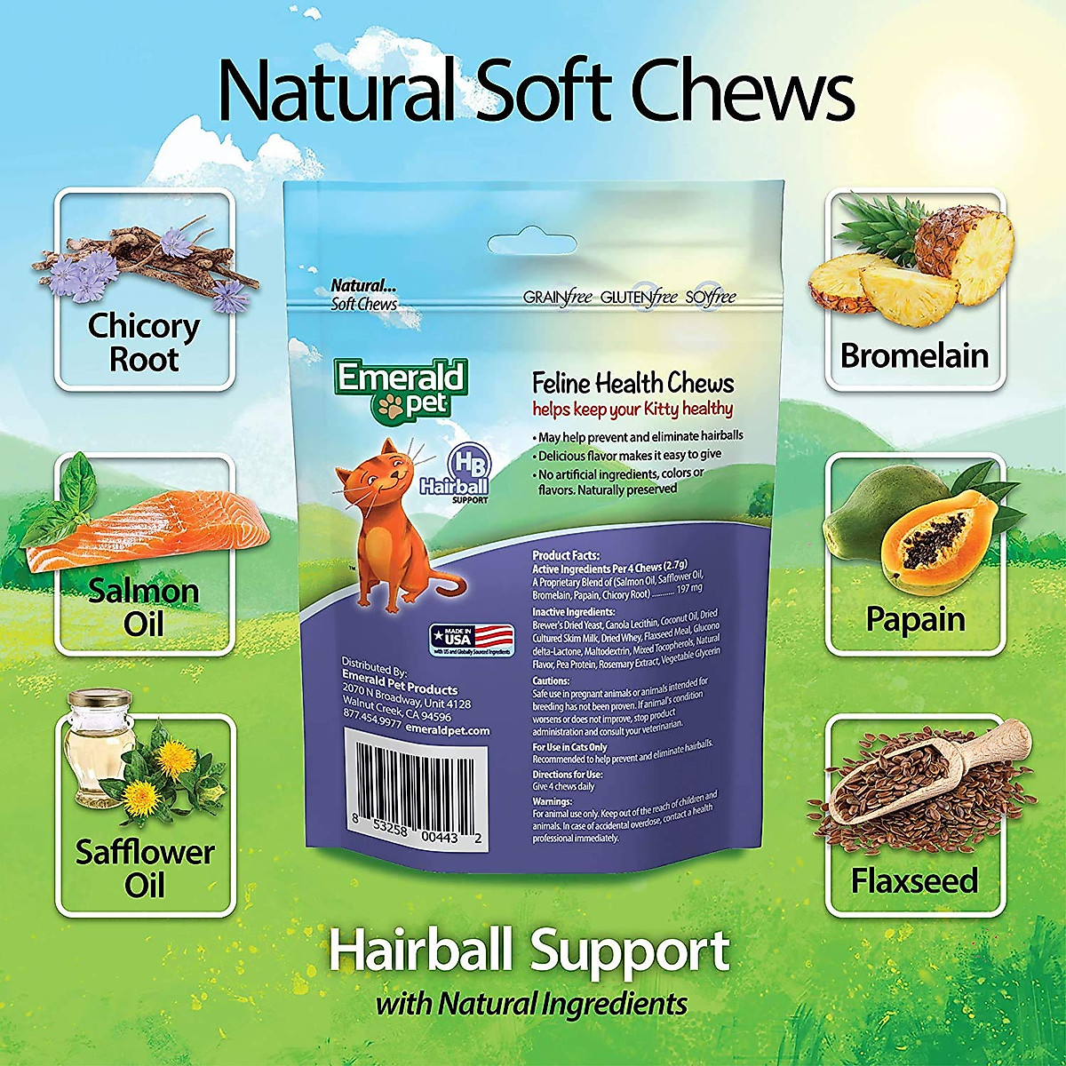 Emerald Pet 3 Pack of Hairball Feline Health Chews, 2.5 Ounces Each, Grain-Free, Made in The USA