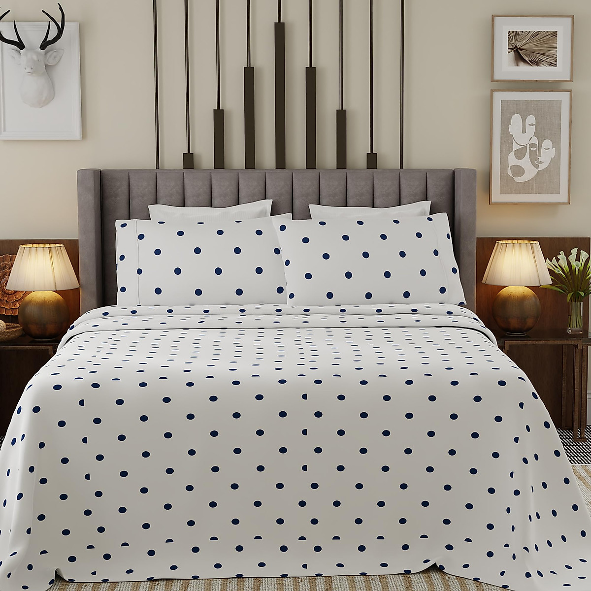 SUPREME ELEGANCE Hotel Percale Cotton Rich Sheets, Polka Dot Navy Full Size Bed Sheet, Wrinkle-Resistant, Brushed for Extra Softness, Luxury Bed Sheets Full, Elasticized Deep Pocket Bedding Set