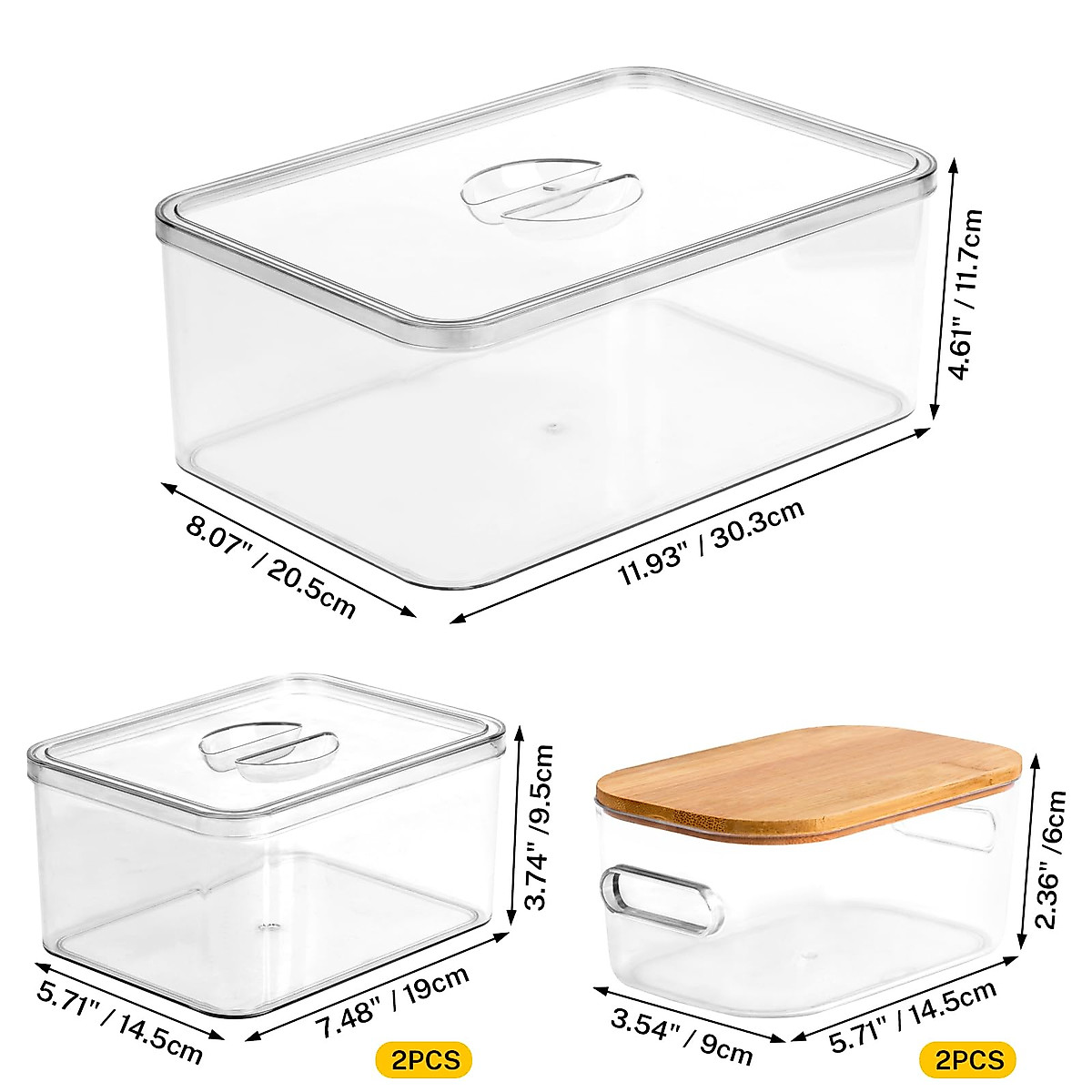 5 Pack Clear Plastic Storage Bins with Bamboo Lids, Stackable Storage Containers for Organizing Medicine Cabinet Organizer, Craft Room, Bread Box