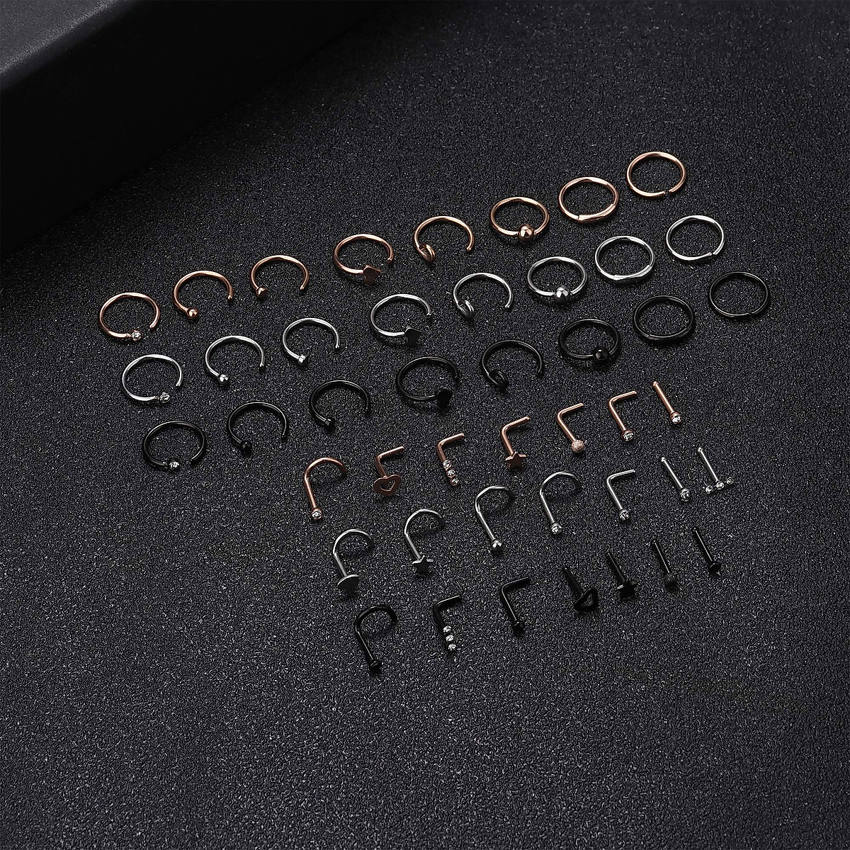LOYALLOOK 18G 316L Stainless Steel C-Shaped Nose Rings Hoop for Women Men L-Shaped Nose Studs Screw CZ Nose Piercing Jewelry Set 45Pcs