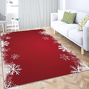 Area Rug for Living Room 4x6 ft Washable Low Pile Rugs Red Snowflakes Christmas Indoor Non Slip Floor Rugs, Ultra Soft Faux Wool Carpet for Bedroom Dining Room Kids Room