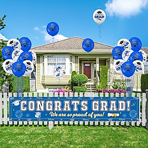 AKEROCK Graduation Decorations Class of 2024, Graduation Banner for Yard, Congrats Grad Banner for Congratulations Decorations, Includes 32 Balloons and 2 Rolls of Ribbon, Blue