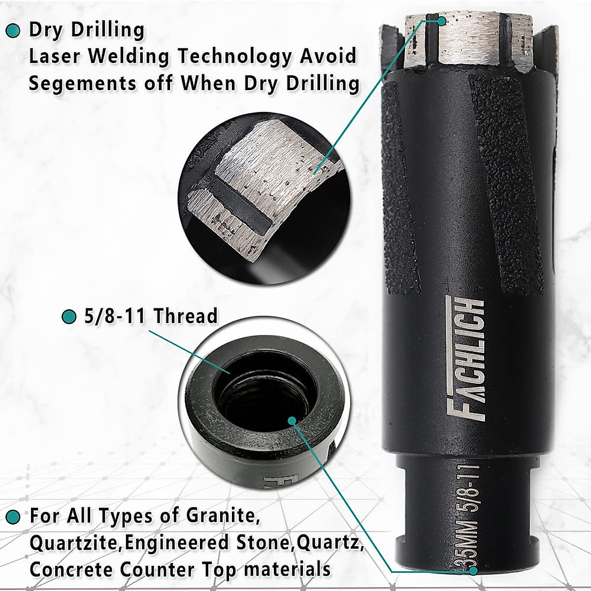 FACHLICH Diamond Core Drill Bit - 1-3/8" Granite Hole Saw 35mm Dry Core Bit for Dry Drilling Concrete Granite Marble Laser Welded