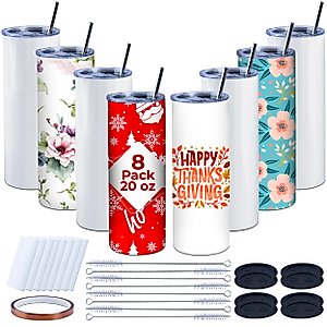 Goods For You Sublimation Tumblers 20 oz - Sublimation blanks, Stainless Steel Double Wall Insulated Straight & Skinny Tumbler Individually Gift Boxed with Lids, Straws & All Accessories, 8 PACK