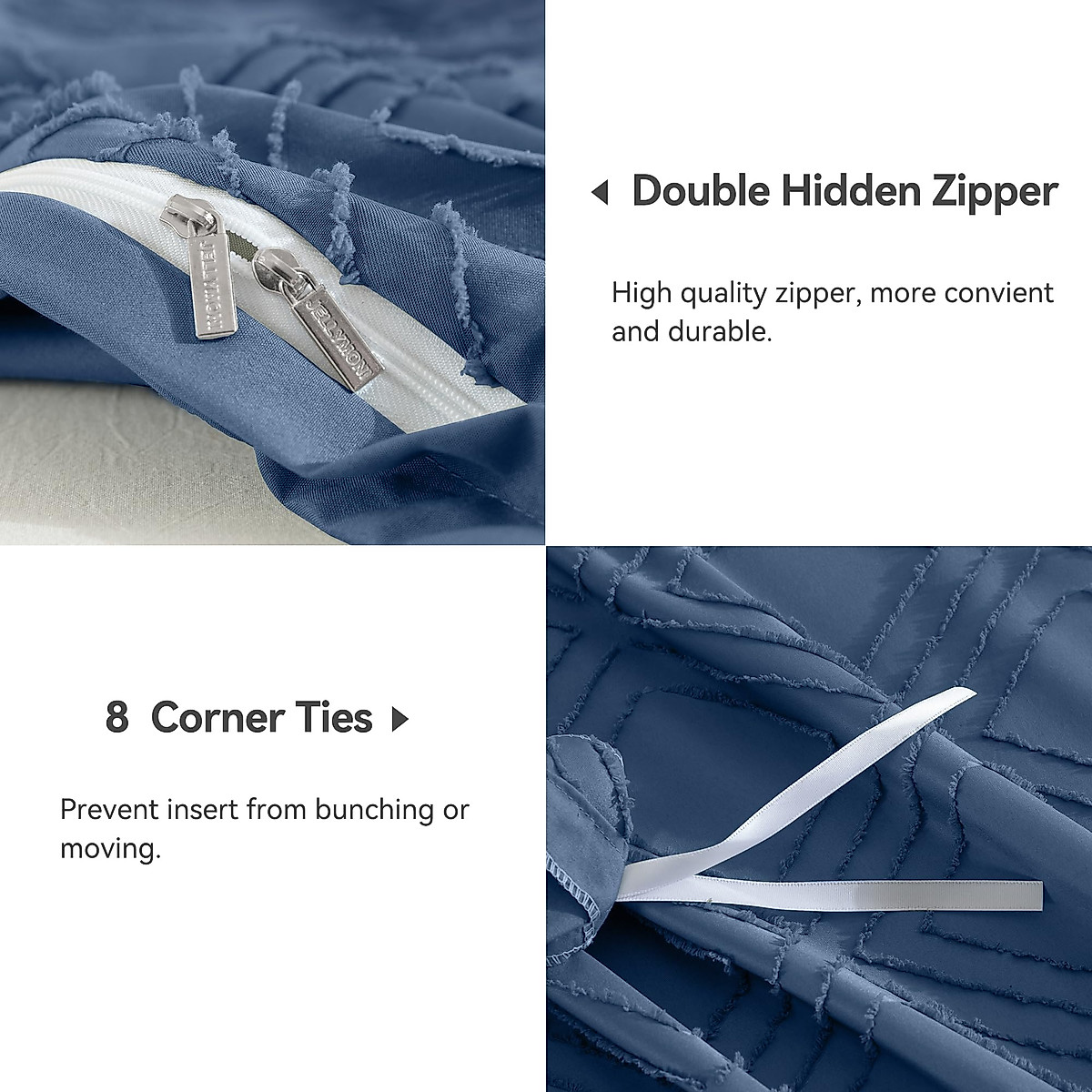 JELLYMONI Blue Duvet Cover Queen Size - 3 PCS Microfiber Tufted Duvet Cover Set, Boho Textured Duvet Cover Jacquard Rhombus Geometric Pattern Duvet Cover with Corner Ties & Zipper Closure