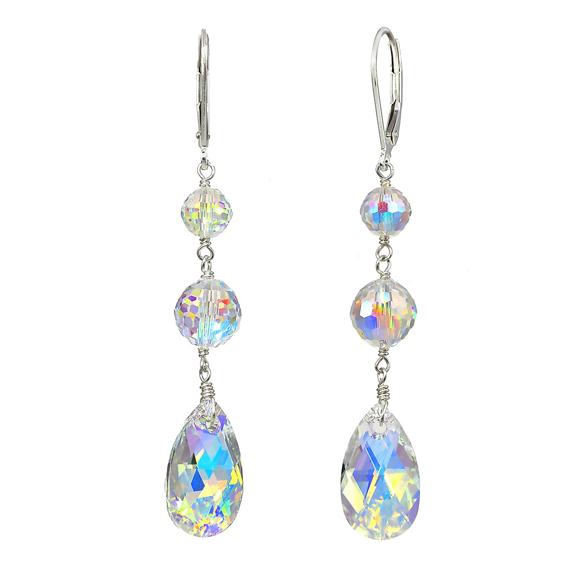 Aurora Borealis Pear-Shaped Drop Sterling Silver Lever-back Earrings for Women, Teens, Weddings and Special Occasions