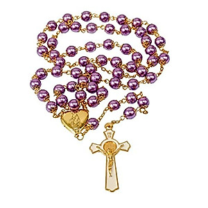 Nazareth Store Purple Pearl 8mm Beads Rosary Necklace Gold Prayer Chaplet with Miraculous Open Up Locket Centerpiece Medal and White Enamel Cross
