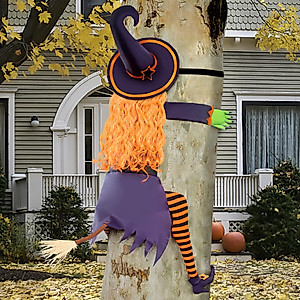 Large Flying Witch Halloween Decor, 63" H Halloween Witch Crashing into Tree Decorations, Funny Halloween Outdoor Tree Decorations for Yard Lawn Porch Garden Outside Hanging Props Party Supplies