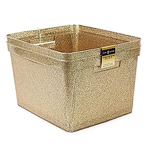 Isaac Jacobs Large Glitter Storage Bin (14” x 11.5” x 8.75”) Set w/Cut-Out Handles, Plastic Organizer, Multi-Functional, Home Storage Solution, Kids Playroom, Bedroom, Closet (2, Gold)