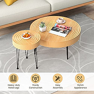 GOFLAME Round Coffee Table Set of 2, Farmhouse Boho End Tables with Natural Finish & Wood Ring Motif, Solid Wood Nesting Side Tables with Metal Legs & Adjustable Foot Pads for Living Room, Bedroom