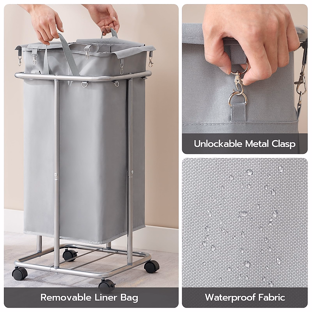 HOOBRO Laundry Basket with Wheels, 30 Gallons (114 L) Rolling Laundry Hamper, Narrow Slim Laundry Sorter with Removable Oxford Fabric Bag, Laundry Room, Dorm Room, Bedroom, Gray and Silver SG06XY01