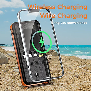 Outdoor Solar Portable Power Bank with Wireless Charging, Built-in Charging Cables, 10000mAh Battery, IP65 Waterproof, Dustproof, Digital Power Indicator, LED Flashlight, High Conversion Efficiency