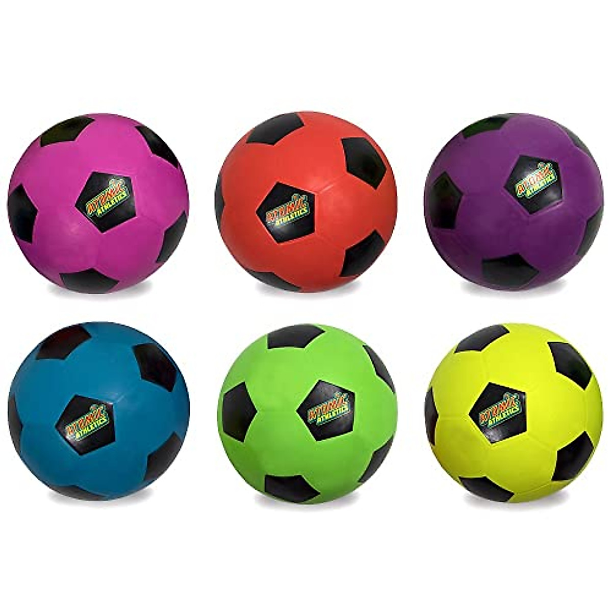 K-Roo Sports Atomic Athletics Neon Rubber Playground Balls - 6 Pack of Youth Size, includes Pump & Storage Bag - Soccer Ball