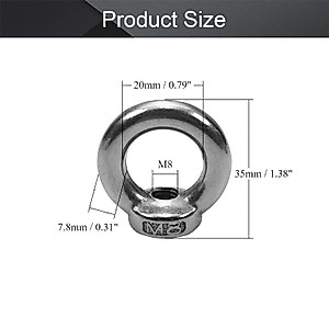 Bettomshin Lifting Eye Nut M8 Female Thread 304 Stainless Steel Round Shape for Rope Fitting Silver Tone 4Pcs