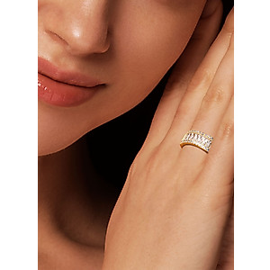 Beutirer Wedding Rings for Women, 18K Gold Plated Promise Wedding Band for Women, 3-Row Round and Baguette Emerald Cut Cubic Zirconia Engagement Rings, Anniversary Rings, Gold Rings for Women Size 5-9