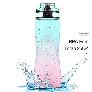 Edmyre 25 oz Pink Water Bottle for Girls, BPA Free Tritan Thick Motivational Water Bottle with Time Marker, Light Green/Pink Leak-proof Water Bottle