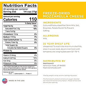 Nutristore Freeze Dried Mozzarella Cheese Shredded | Bulk Emergency Food Supply | Perfect for Camping, Backpacking and Everyday Meals or Snacking | 25 Year Shelf Life | #10 Can