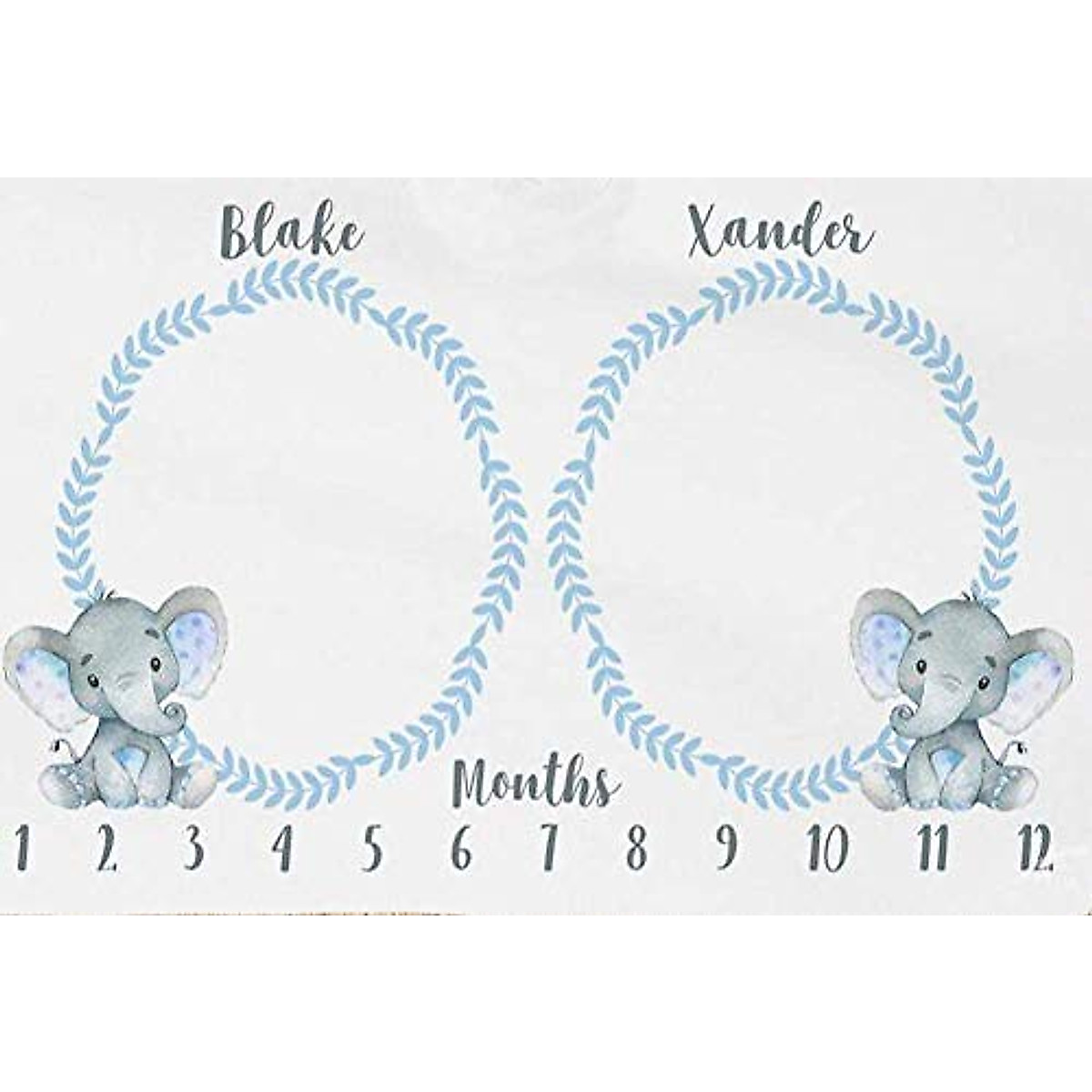 Baby Monthly Milestone Blanket Twins Neutral Blue Elephant Newborn Nursery Decor Photo Props Shoots Photography Growing Toddlers Soft Fleece Swaddle Blanket with Wreath Frames