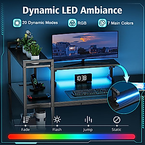 OMICON Computer Desk with LED Light, 42-55 Inch Gaming Desk with Reversible Storage Shelves, Office Desk with Power Outlets Corner Desk for Home Office, Small Space Desk Black Carbon Fiber (42)