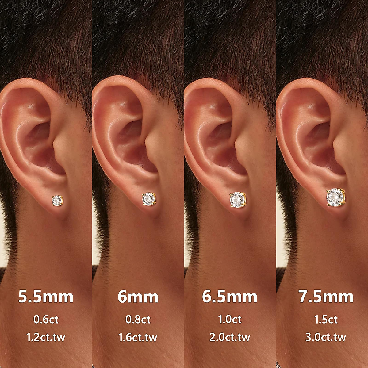 KRKC&CO Moissanite Earrings for Men, Dazzling Studs Earrings, S925 Sterling Silver, 4-Prong, 1.2-3.0CT, D Color, VVS1, Gold Jewelry Gifts For Him(5.5mm, 0.6ct*2, gold)