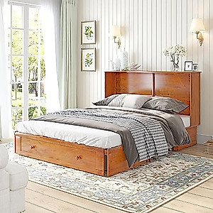 Mjkone Murphy Bed Cabinet, Queen Cabinet Bed with Foldable Foam Mattress, Chest Bed with USB Charging Station&2 Large Drawers, Folding Bed Cabinet for Guest Room/Living Room/Bedroom/Office (Cherry