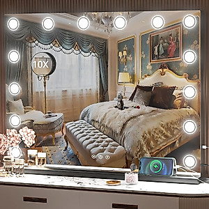 Hasipu Vanity Mirror with Lights, 32" x 24" Makeup Mirror, Light up Mirror with 14 Dimmable LED Lights and 10X Magnification, 3 Colors Modes, Touch Control, USB Charging Port, Black
