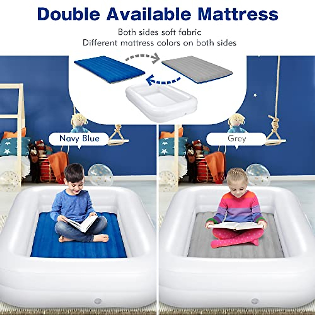 USHMA Upgrade Toddler Travel Bed with Bumpers [4-Side] | Both Side Usable Toddler Air Mattress | Inflatable Toddler Bed | Portable Inflatable Kids Travel Toddler Bed | Kids Blow Up Mattress with Sides