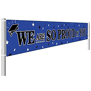 Large We are So Proud of You Banner, 2023 Graduation Party Supplies Decorations, 2023 Congratulations Banner, Congrats Banner, Graduation Decoration Blue and Black, Outdoor Indoor (9.8 x 1.6 feet)