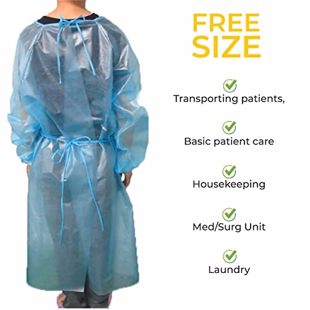 [10-Pack] Disposable Isolation Gown, FDA Registered, AAMI Level 1 PP & PE 30g, Fully Closed Double Tie Back, Elastic Cuffs, Fluid Resistant, Unisex (10), Blue