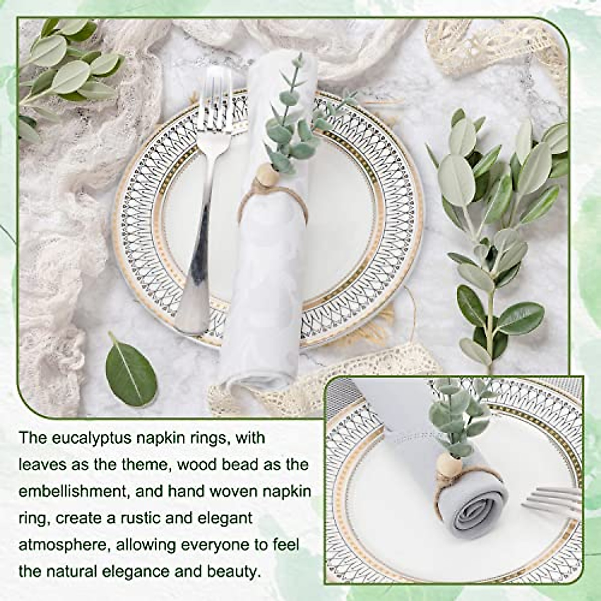 MLURCU Napkin Rings Set of 6 Rustic Eucalyptus Wooden Napkin Rings Boho Leaf Wood Bead Farmhouse Spring Fall Napkin Ring Holder for Family Dining Banquet Wedding Christmas Easter Holiday Table Decor