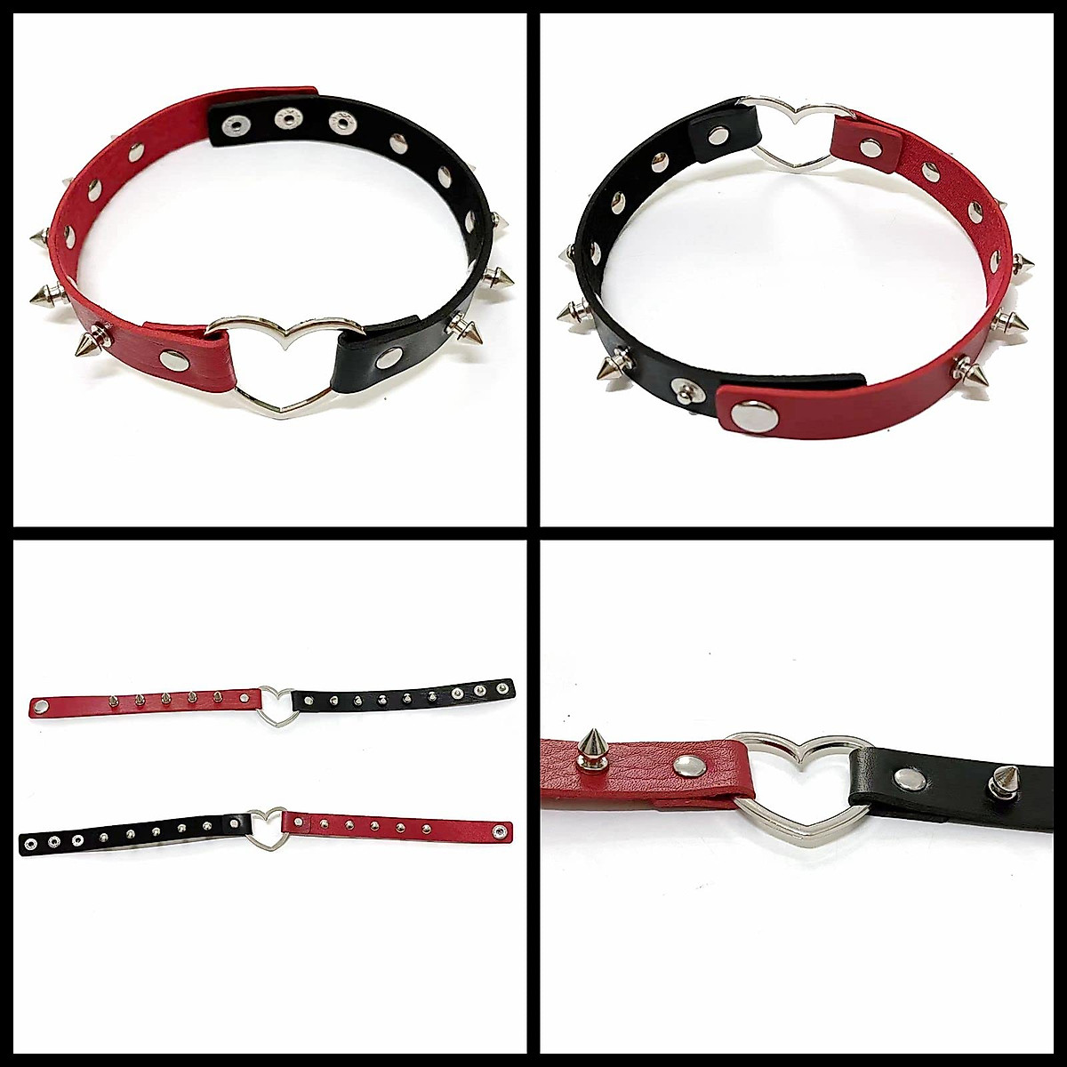 Tosmifairy 3Pcs Black and Red Leather Heart Choker Studded Bracelets Set Goth Cosplay Accessories Jewelry for Women (A-Black and Red)