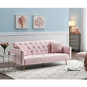 Tufted Upholstered Velvet Modern Futon Loveseat Sleeper Sofa Bed Convertible Couch Daybed,Folding Sofá Beds Recliner,Small Love Seat 2-Seat Couches with Toss Pillows&Metal Legs for Living Room