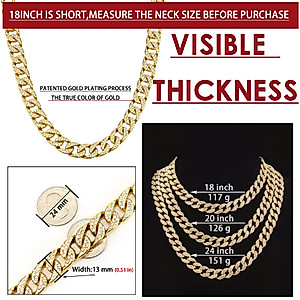 IDRUPACE Miami Mens Cuban Link Chain Silver Gold Plated Bling Cuban Necklace Diamond Chain for Men 13MM iced out chain Hip Hop Jewelry (Gold Chain+KING Pendant, 18.0 Inches)